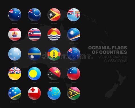 Oceania Countries Flags Vector 3D Glossy Icons Set Isolated On Black