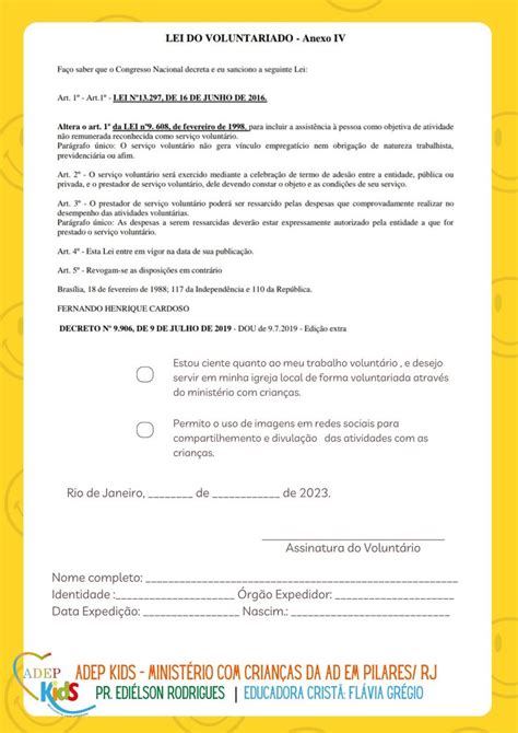 Lei do voluntariado ministério infantil Kids