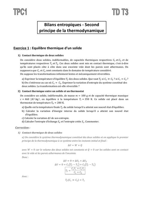 exercices corrigés sur le second principe de la thermodynamique