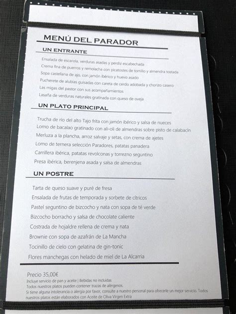 Carta del restaurante Parador del Sigüenza Sigüenza
