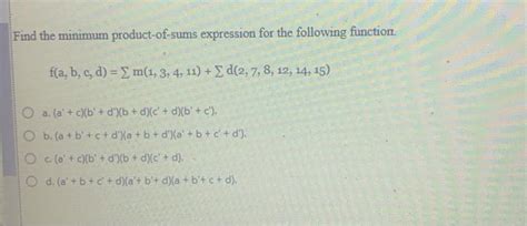 solved find the minimum sum of products for the following