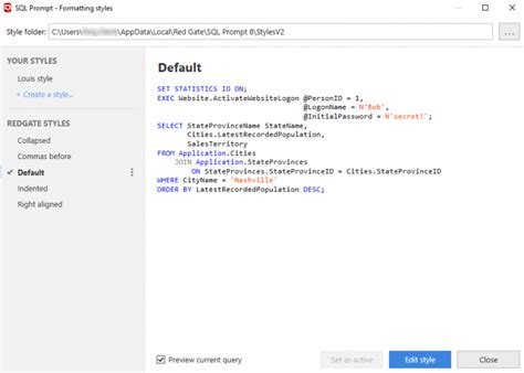 how to implement a sql formatting standard using sql prompt v8