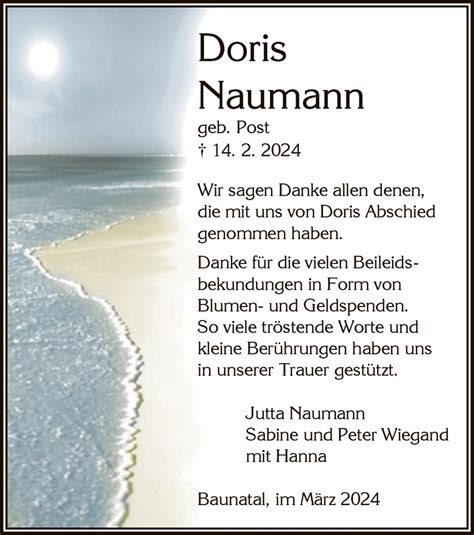 Traueranzeigen Von Doris Naumann Trauer HNA De