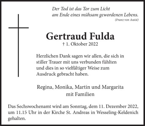 Traueranzeigen Von Gertraud Fulda WirTrauern