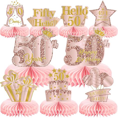 9Pcs 50th Birthday Decorations Pink Rose Gold Honeycomb Centerpieces