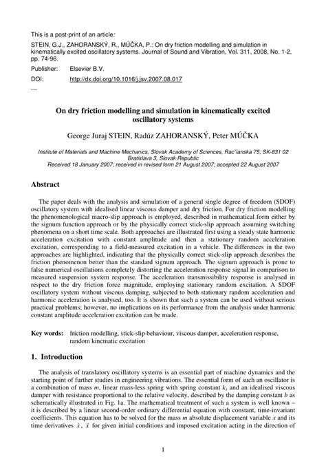 pdf on dry friction modelling and simulation in kinematically excited oscillatory systems