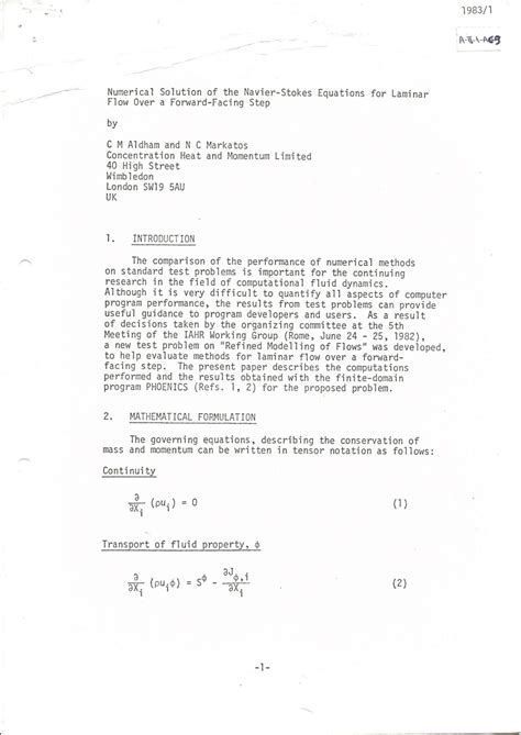 pdf numerical solution of the navier stokes equations for laminar flow over a forward facing step