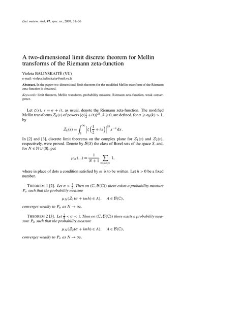 pdf a two dimensional limit discrete theorem for mellin transforms of the riemann zeta function