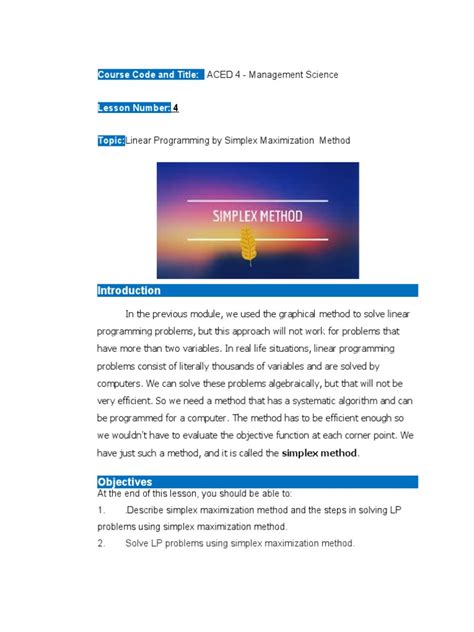 course code and title lesson number topic solve lp problems using simplex maximization