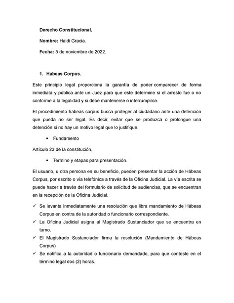 Trabajo 4 Habeas Corpus P Derecho Constitucional Nombre Haidi