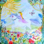 Iydillisches Kinderzimmerbild Einhorn Auf Der Blumenwiese