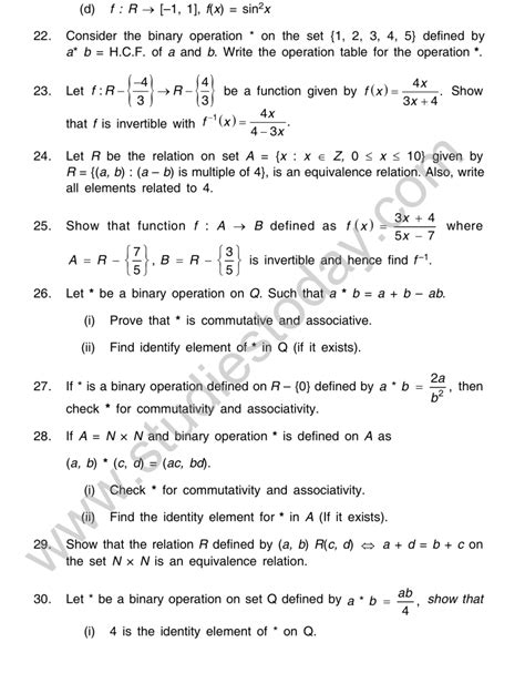 cbse class 12 mathematics relations and functions worksheet set a