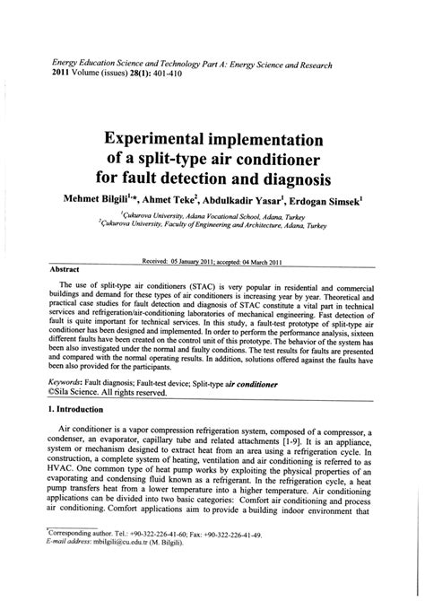 pdf experimental implementation of a split type air conditioner for fault detection diagnosis