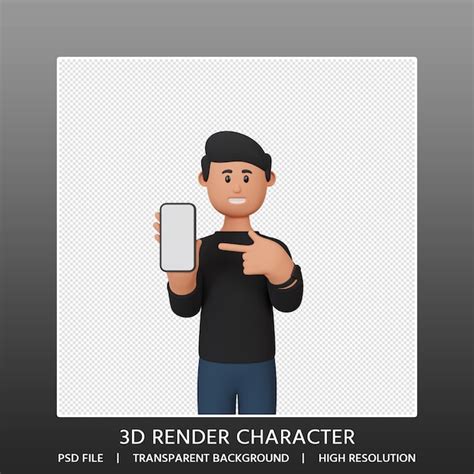 3d Render Hombre Personaje Apuntando Hacia Arriba Smartphone Archivo
