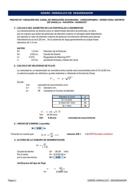 Hola de calculo hidráulico de desarenador Plantillas de Excel de
