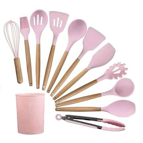Kit 12 Pçs Utensílios De Cozinha Em Silicone Cabo Madeira Rosa