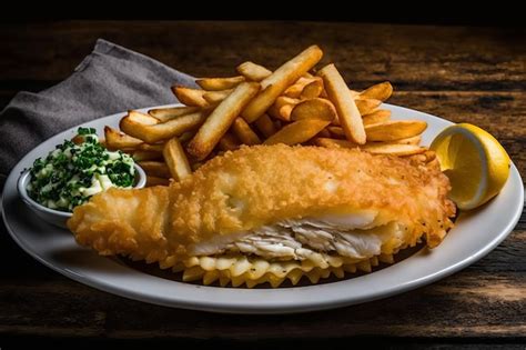 Un plato de pescado y papas fritas con una guarnición de ensalada verde