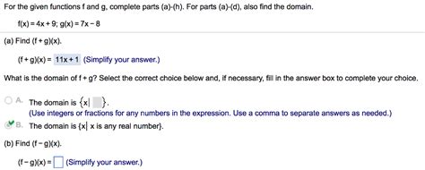 solved for the given functions f and g complete parts