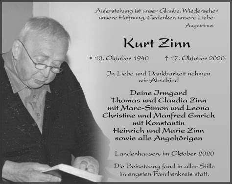 Traueranzeigen Von Kurt Zinn Vrm Trauer De