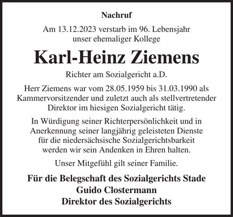 Karl Heinz Ziemens Nachruf Stader Tageblatt
