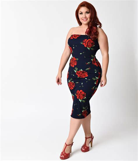 Plus Size 1950s Style Navy Blue Red Wiggle Dress Plus Size Retro Dresses Plus Size Vintage