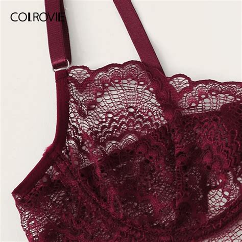 Colrovie Burgundy Floral Lace Garter Sexy Lingerie Set Women Intimates 2019 Underwire