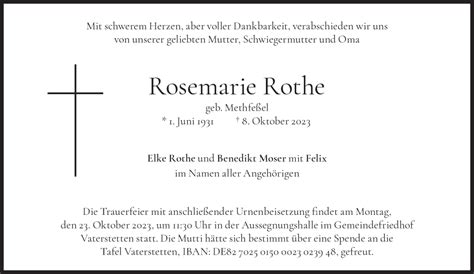 Traueranzeigen Von Rothe Rosemarie SZ Gedenken De