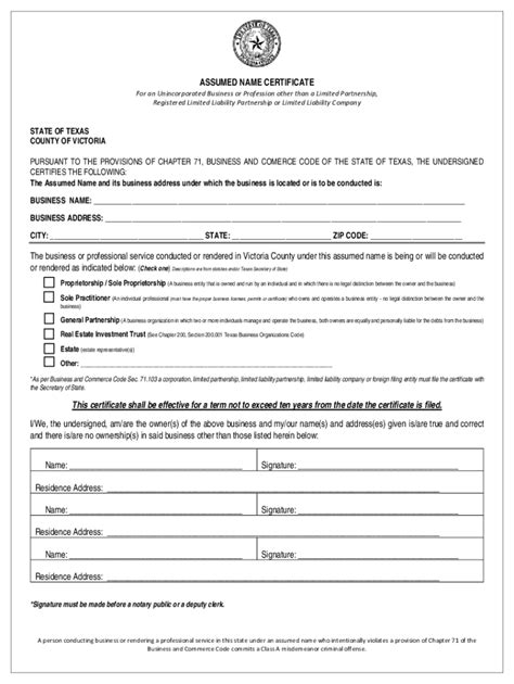 Fillable Online Assumed Name Certificate Victoria County Texas Fax
