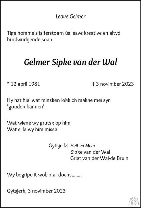 Gelmer Sipke Van Der Wal 03 11 2023 Overlijdensbericht En Condoleances