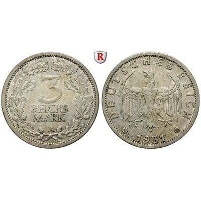 Weimarer Republik 3 Reichsmark 1931 Kursmünze A ss J 349 3