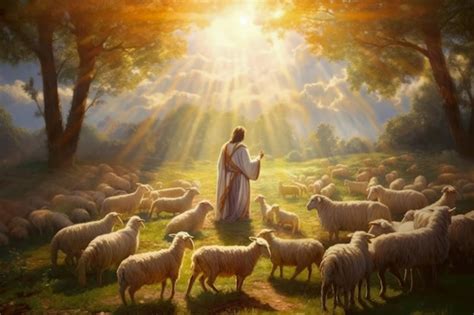Imagen Del Pastor Jesucristo Guiando Las Ovejas Y Orando A Dios