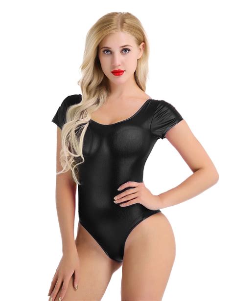 Damen Body Wetlook Metallic Kunstleder Kurzarm Bodysuit Leotard Top