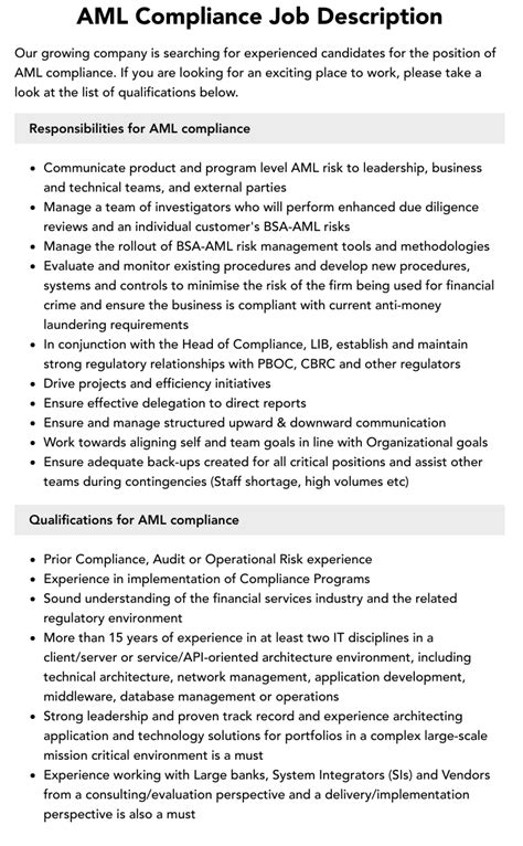 Aml Compliance Job Description Velvet Jobs