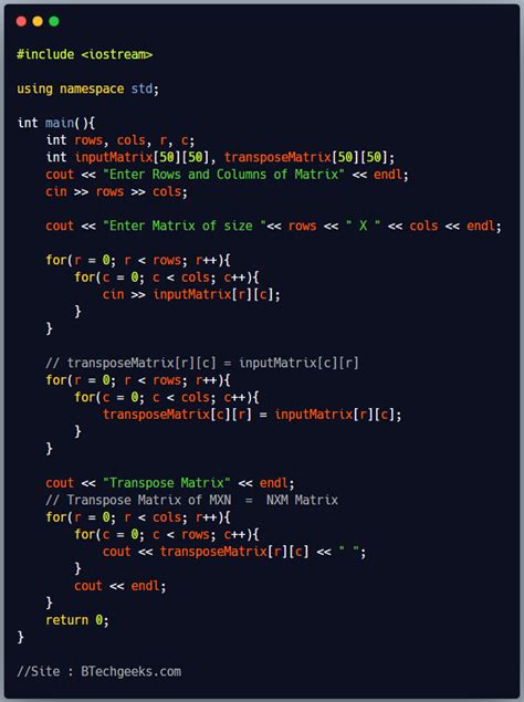 c transpose matrix c program to find transpose of a matrix btech geeks