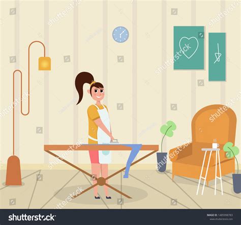 Woman Iron Clothes On Ironing Board เวกเตอรสตอก ปลอดคาลขสทธ