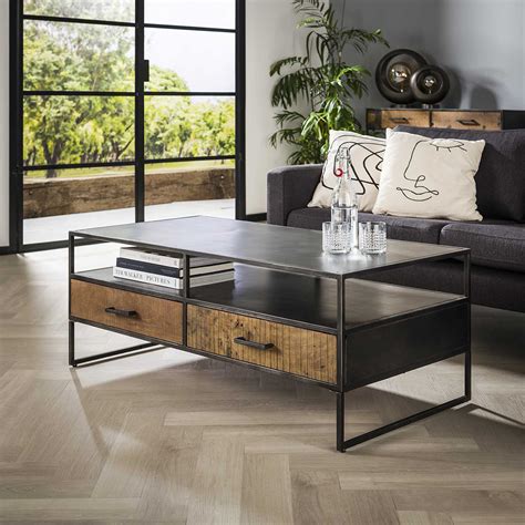 Table basse industrielle en bois et métal noir Alex Matelpro