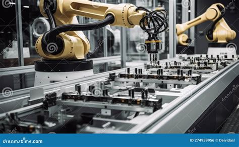 Advanced Robotic Arm Operating On A Manufacturing Assembly Line Stock