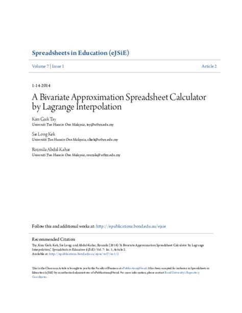 pdf a bivariate approximation spreadsheet calculator by lagrange interpolation sie long kek