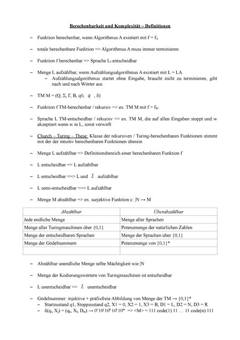 Berechenbarkeit und Komplexität Definitionen Berechenbarkeit und