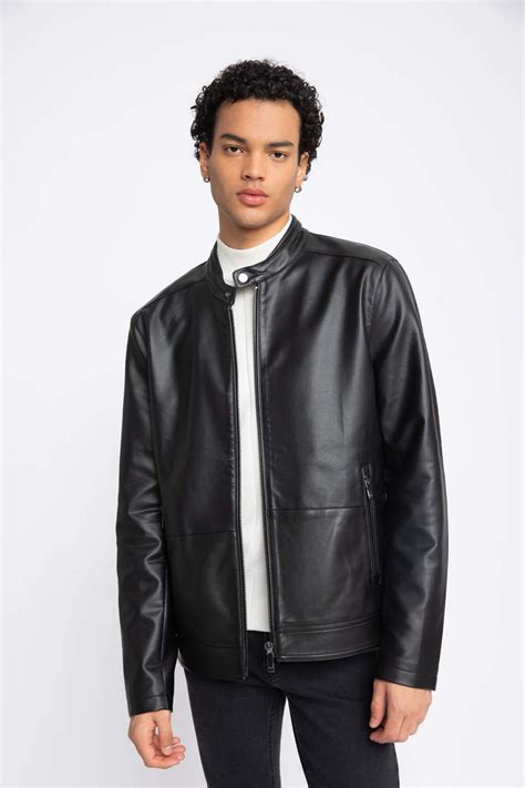Black Man Slim Fit Faux Leather Faux Leather Jacket Defacto