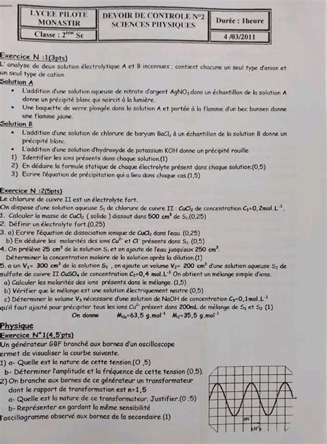 2 ème Sciences Physique correction devoir de controle n2 science physique