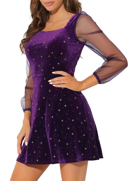 Unique Bargains Women S Square Neck Mesh Sheer Sleeve Glitter Star