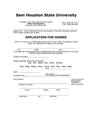 Fillable Online Shsu Application For Degree Form Sam Houston State