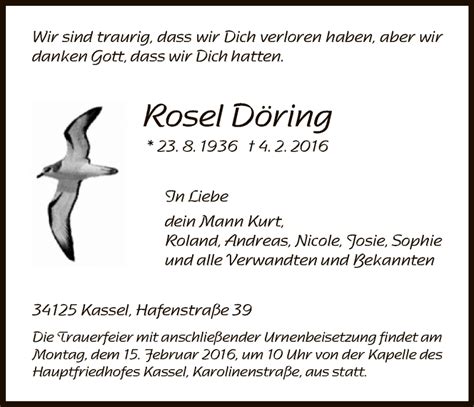 Traueranzeigen von Rosel Döring Trauer HNA de