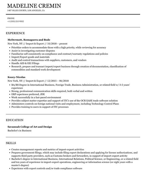 Import Export Resume Samples Velvet Jobs