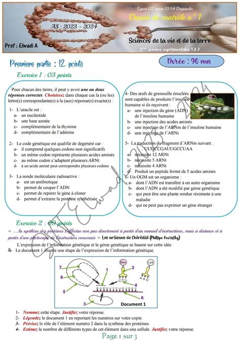 3 ème Sc expérimentales Sciences SVT Devoir de contrôle n1 3è sc exp