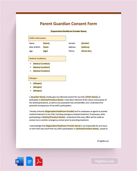 Parent Guardian Consent Form Word PDF Google Docs