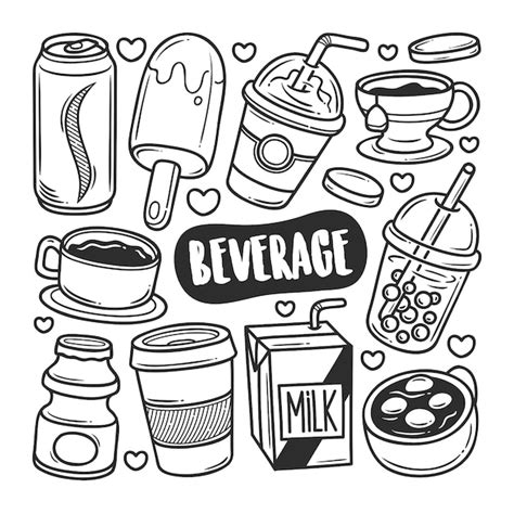 Iconos Bebidas Dibujado Mano Doodle Para Colorear Vector Premium