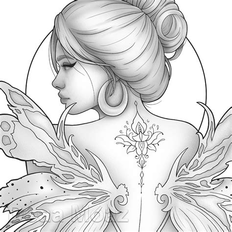 Printable Coloring Page Fantasy Character Girl Wings Portrait Etsy