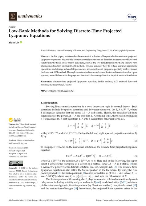 pdf low rank methods for solving discrete time projected lyapunov equations